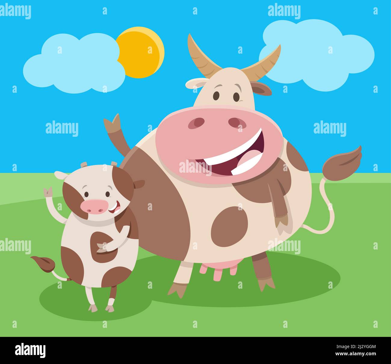 Cartoon illustration of happy cow farm animal character with calf Stock ...