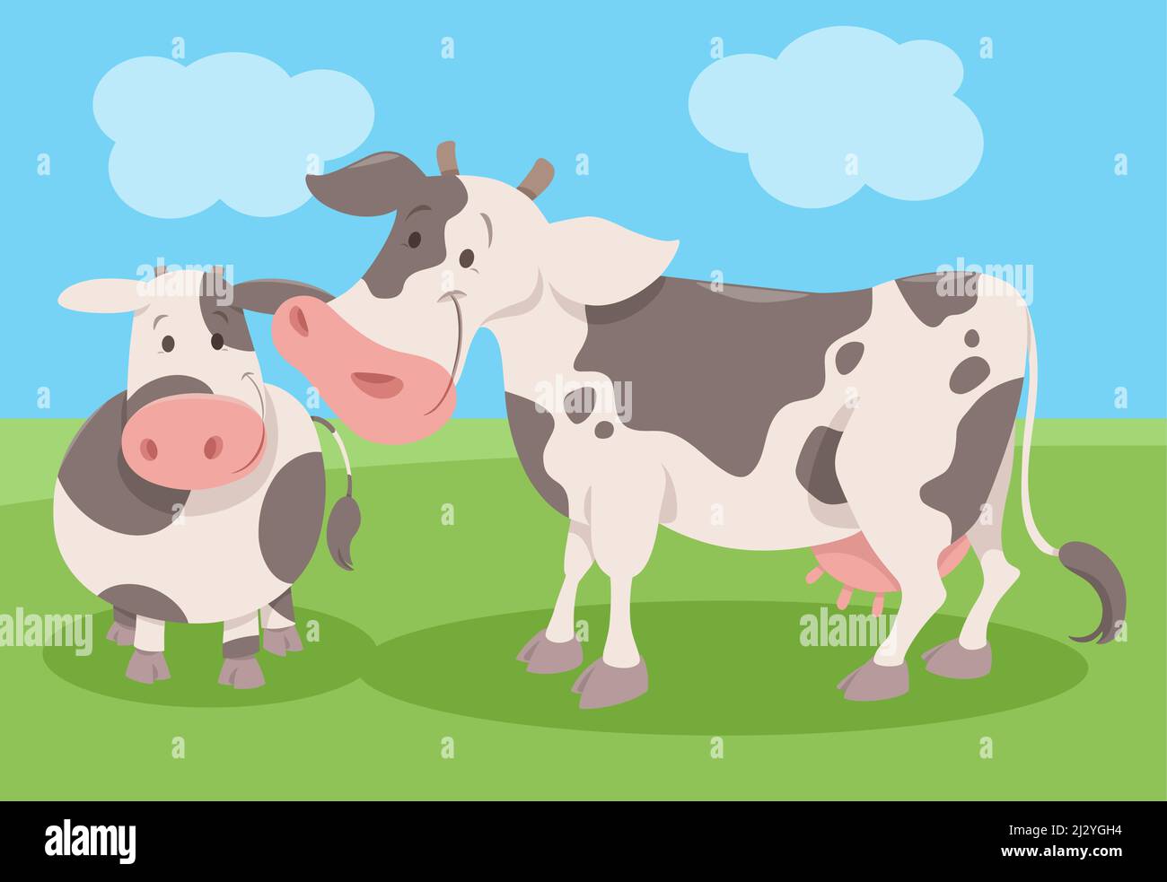 Cartoon illustration of spotted cow farm animal character with calf ...