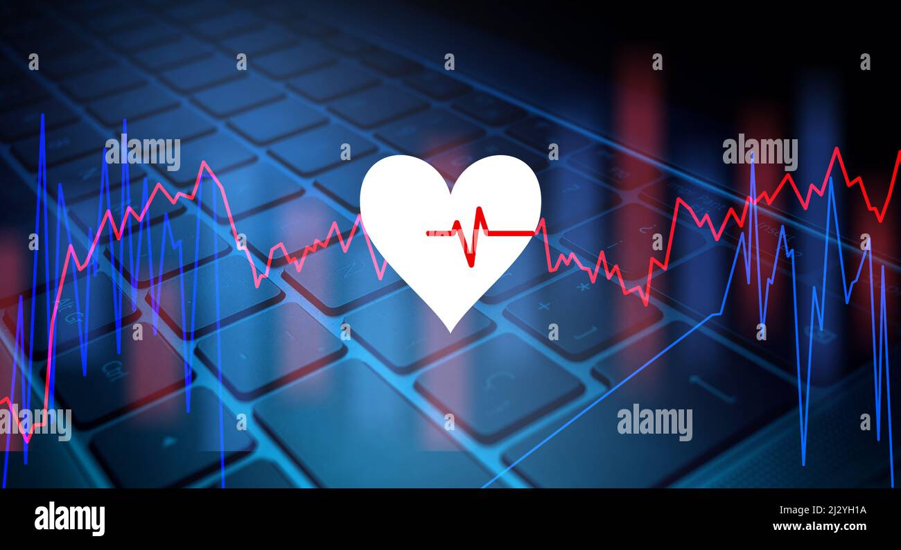 Keyboard with blue light and heart pulse. Health care medical solution ...
