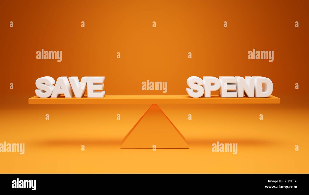 The words save and spend are balanced on a seesaw. Business investment ...