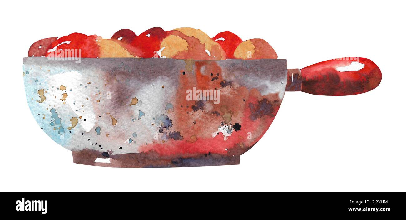 Watercolor frying pan. Cooking in an old frying pan Stock Photo - Alamy