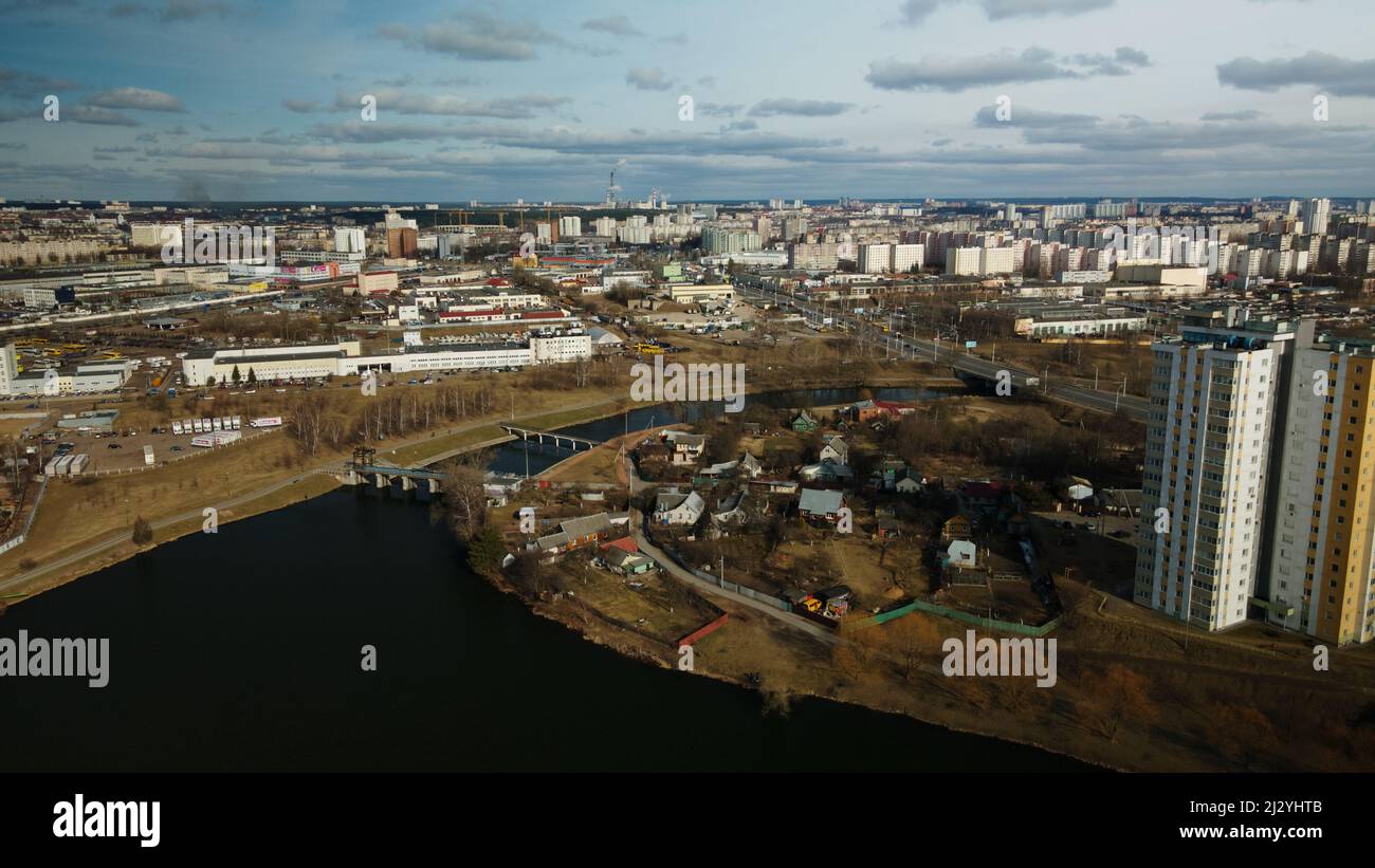 Mixed urban development. Industrial and residential area. Water city ...