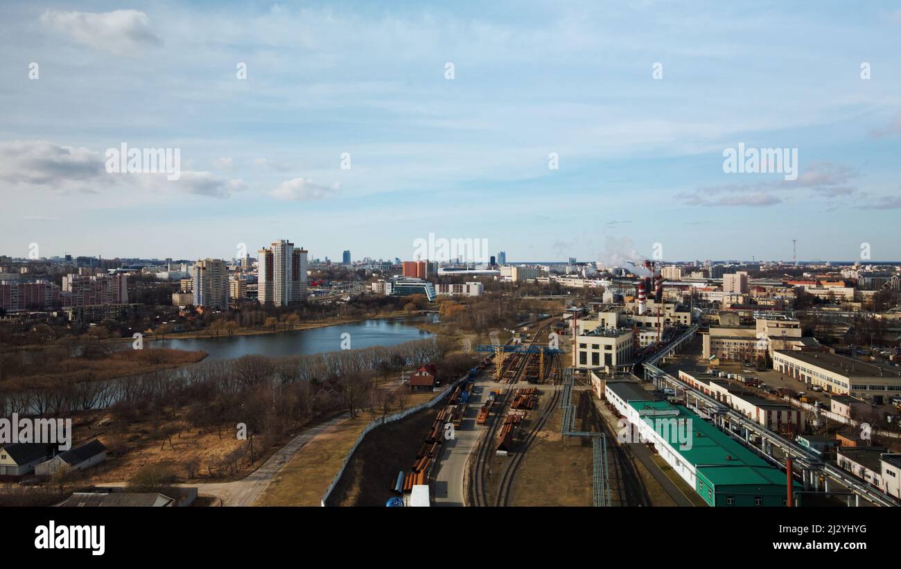 Mixed urban development. Industrial and residential area. Water city ...