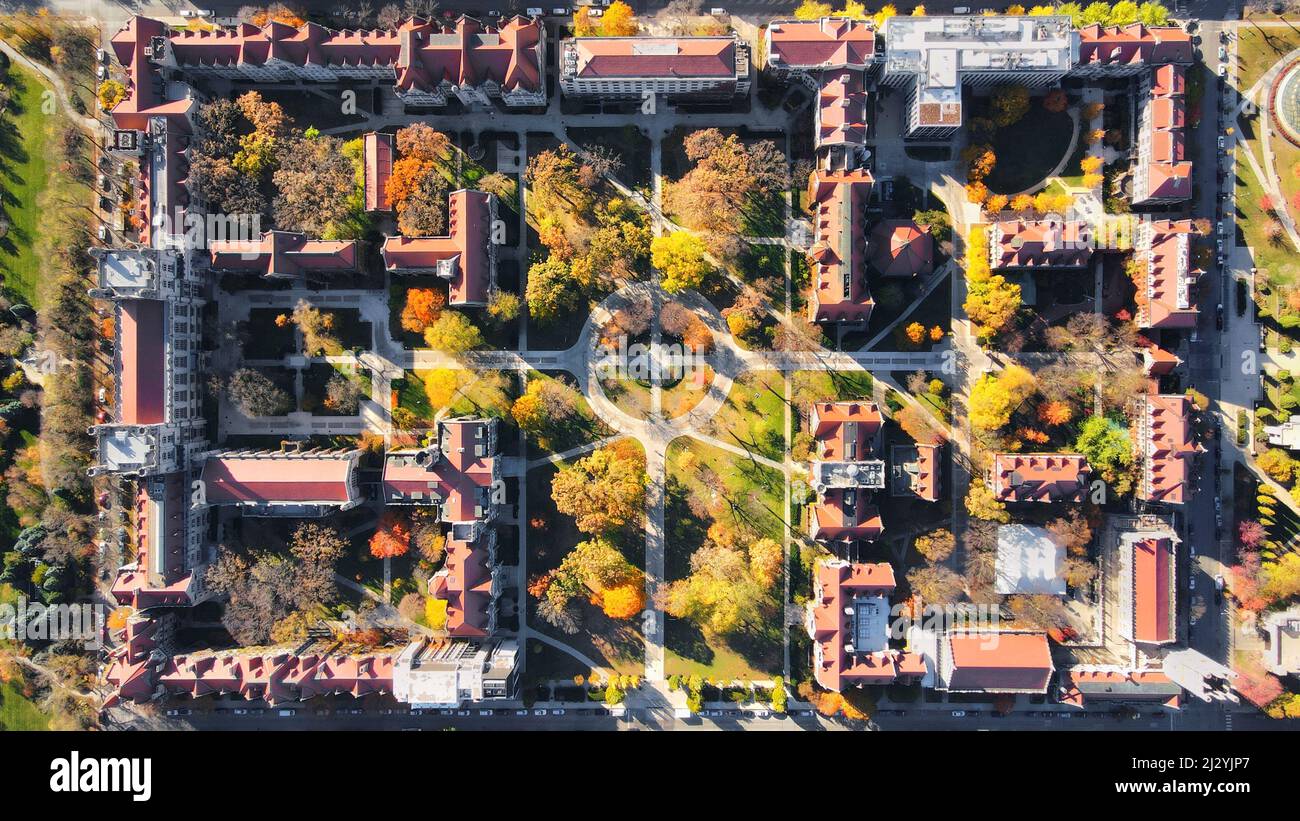 An aerial view of an autumn landscape with many buildings in Chicago ...