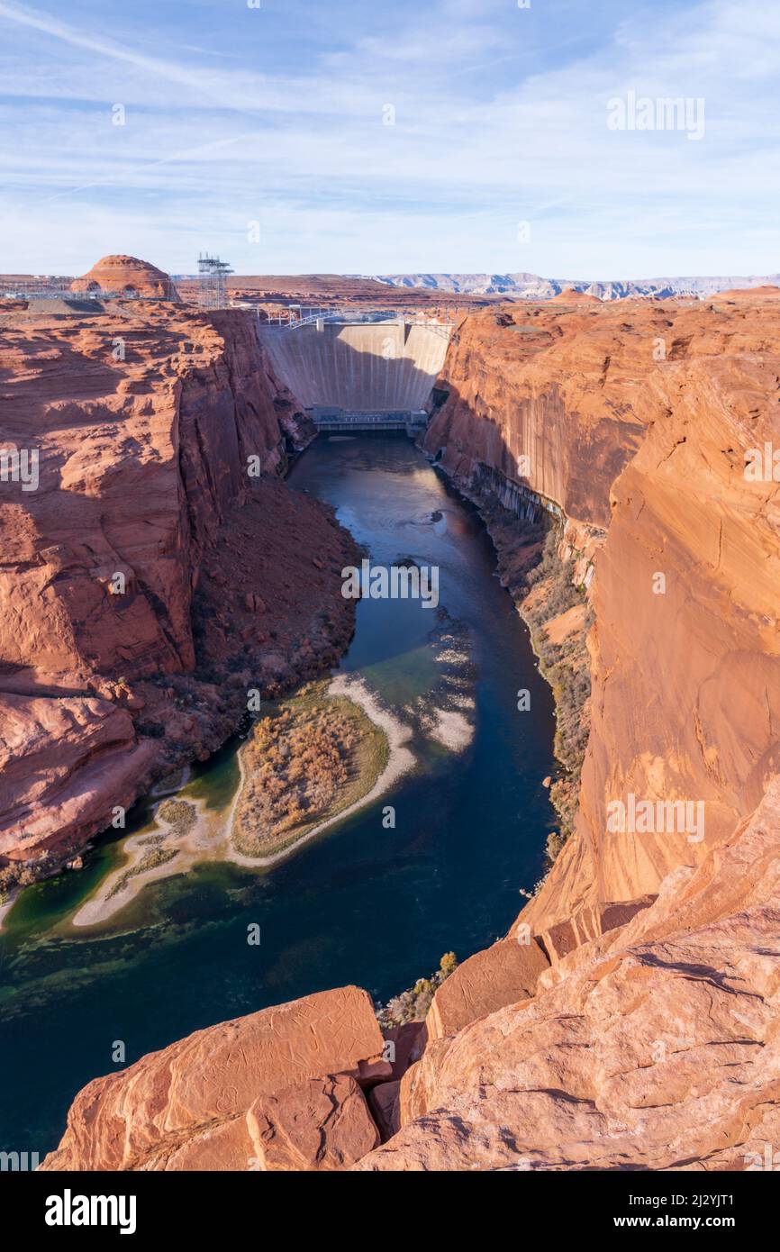 A vertical aerial shot of Glen Canyon Dam, Colorado River, Paige ...