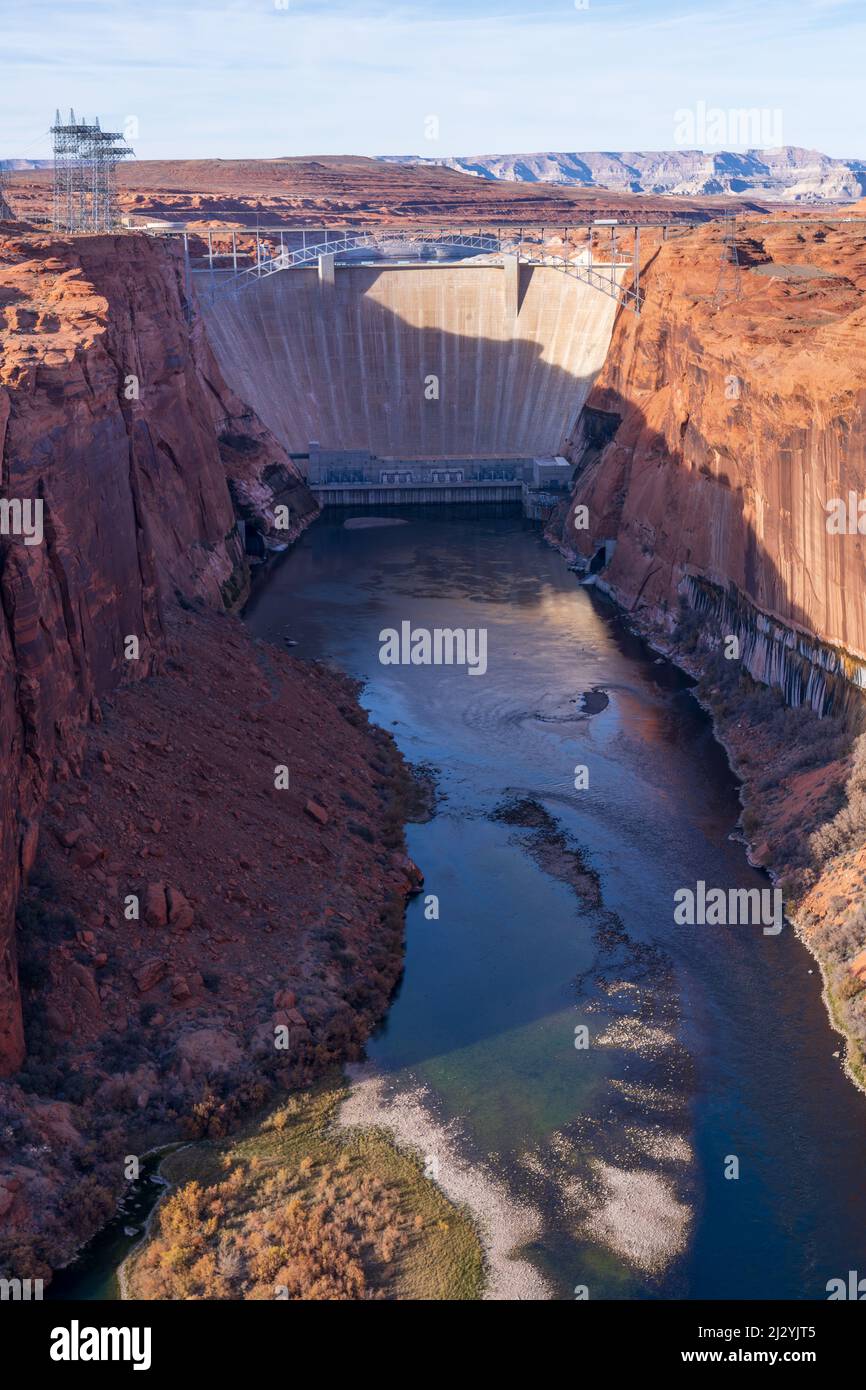 An aerial shot of Glen Canyon Dam, Colorado River, Paige, Arizona, USA ...