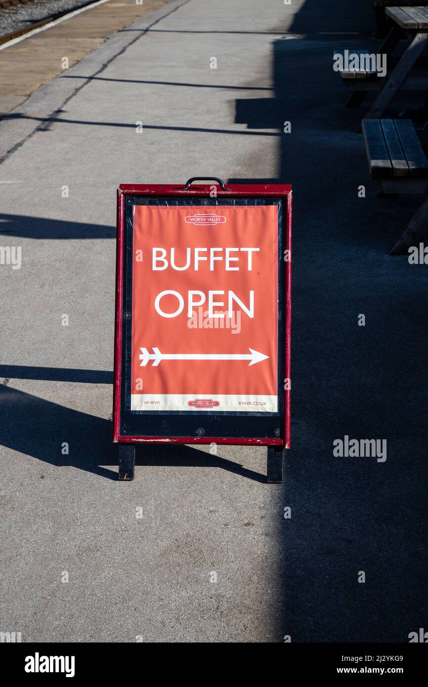 Platform "Buffet Open" sign on the Keighley & Worth Valley heritage ...