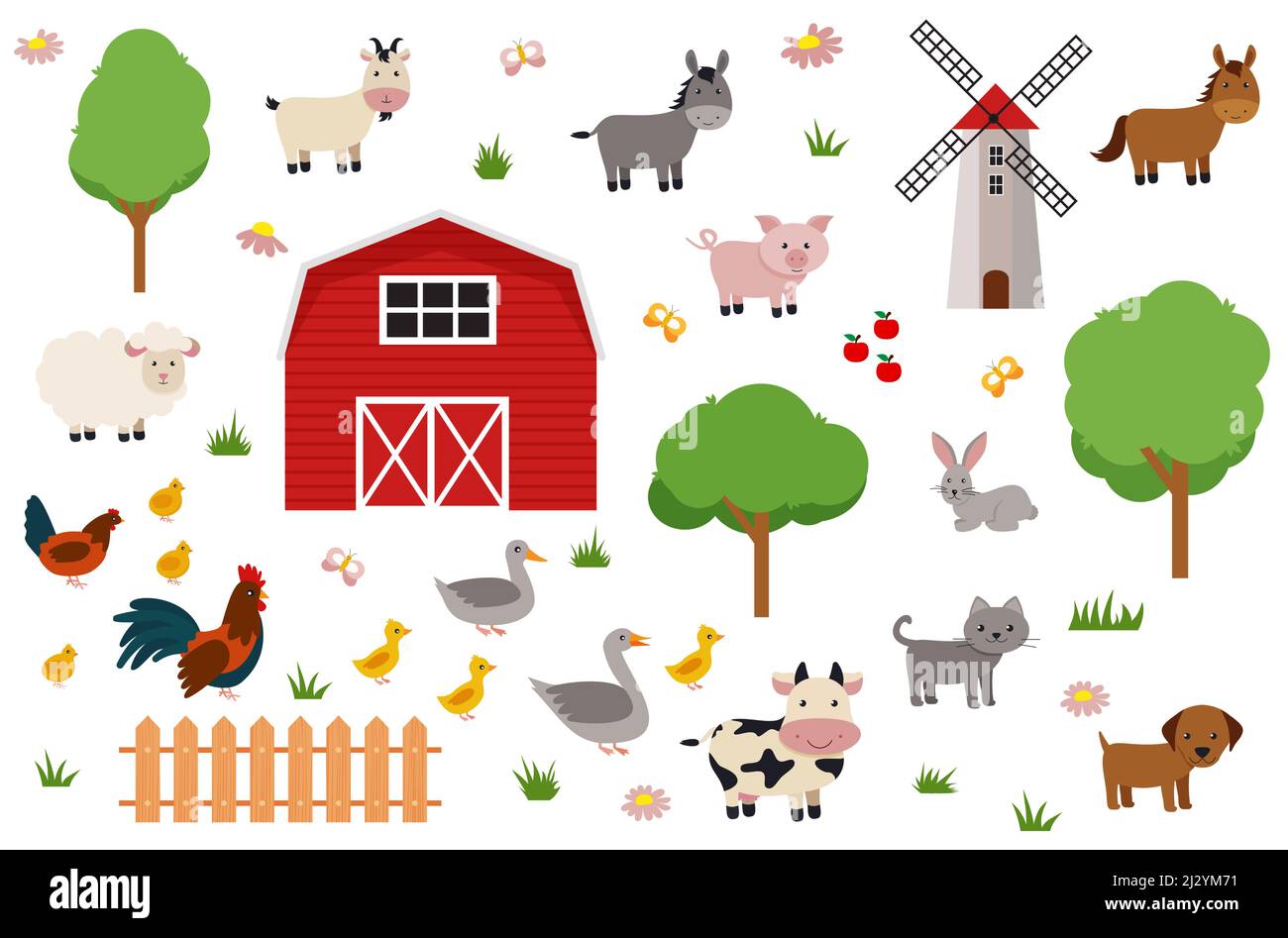 Cute farm animals set in flat style isolated on white background ...