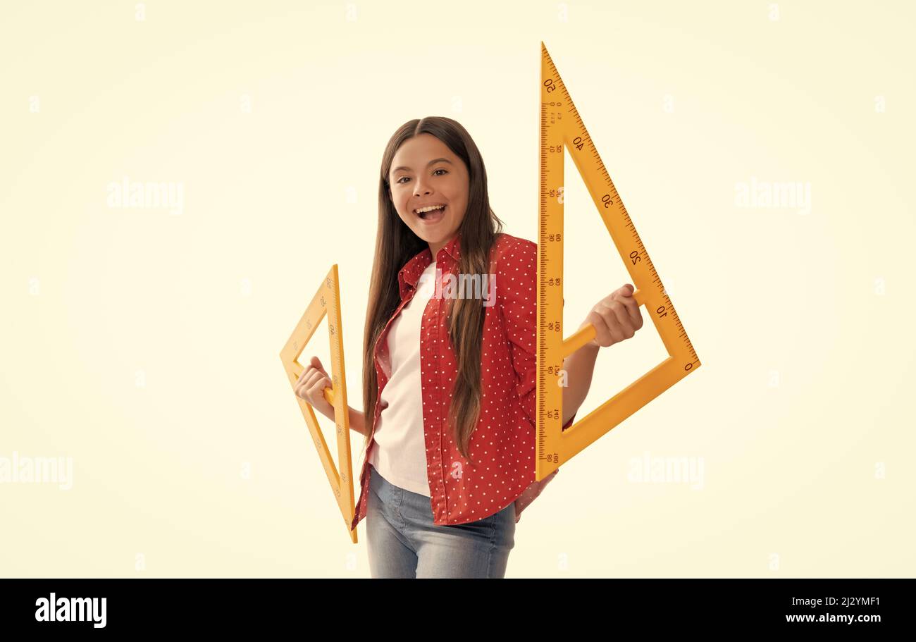 mathematics. smiling funny teen girl hold triangle ruler. back to ...