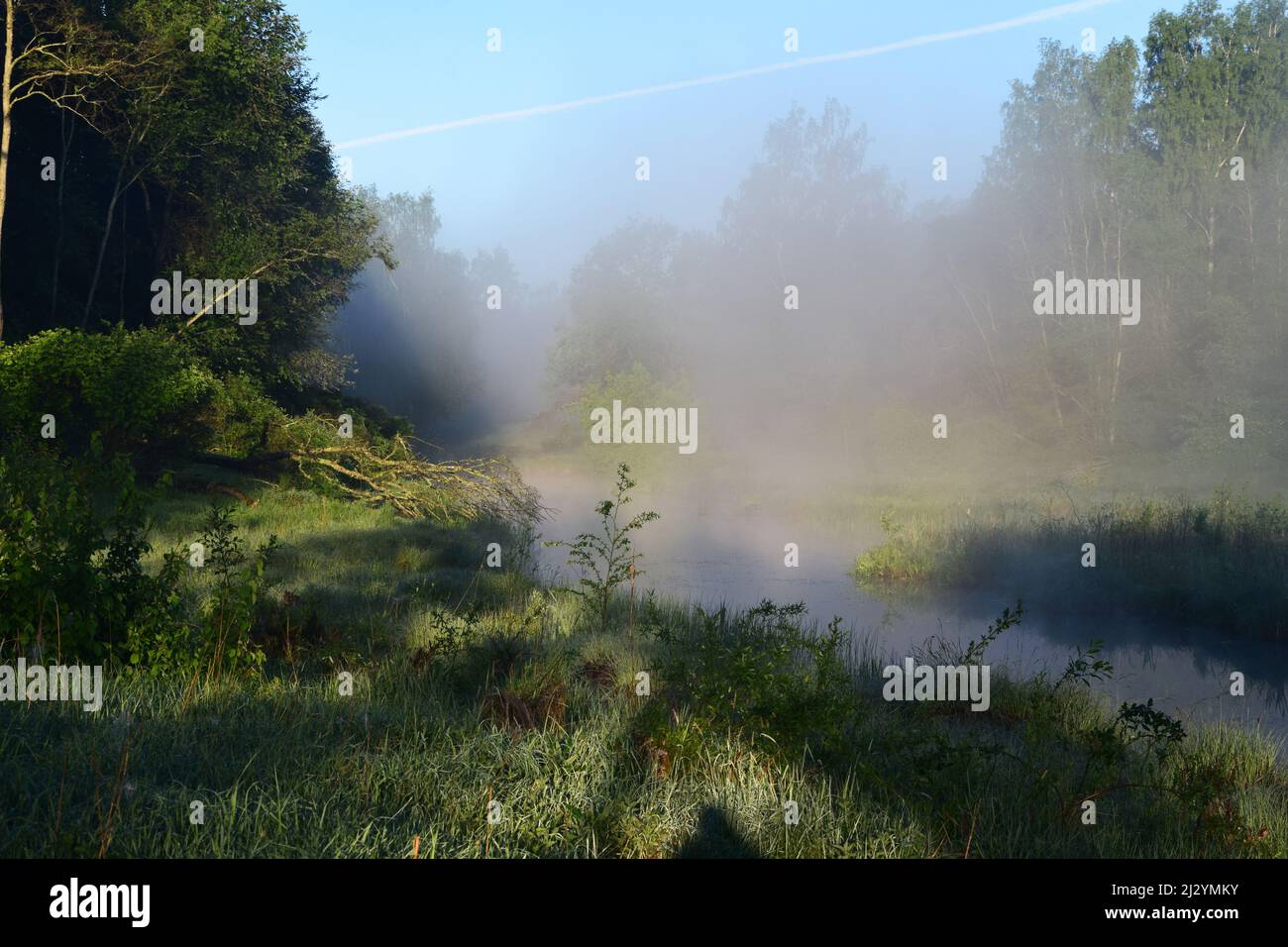A beautiful lakeside with a layer of mist Stock Photo - Alamy