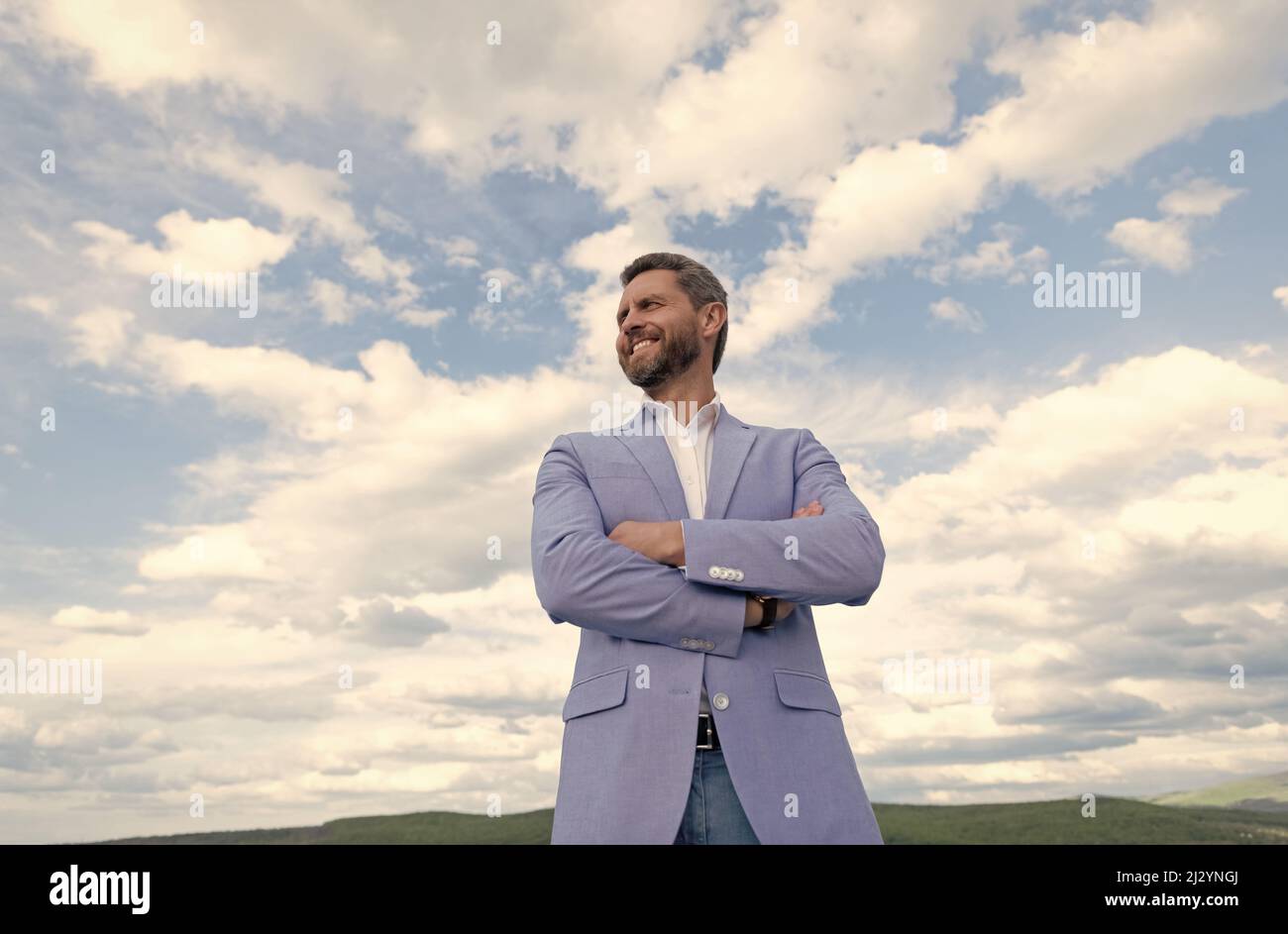 professional unshaven ceo. man bride groom on sky background Stock ...
