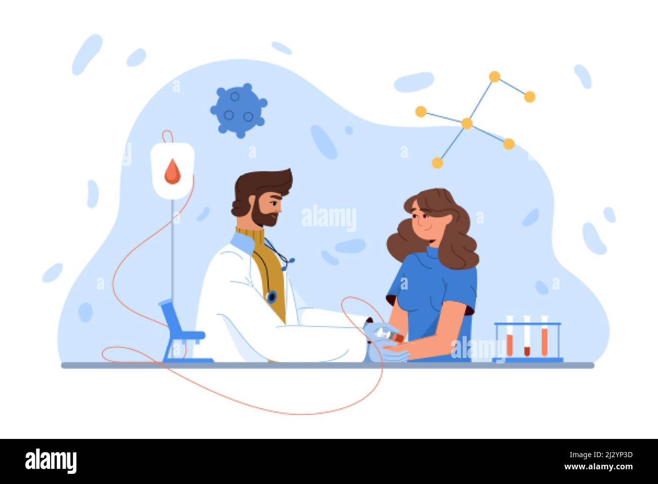 Flat patient and doctor with syringe taking blood sample in tube in ...