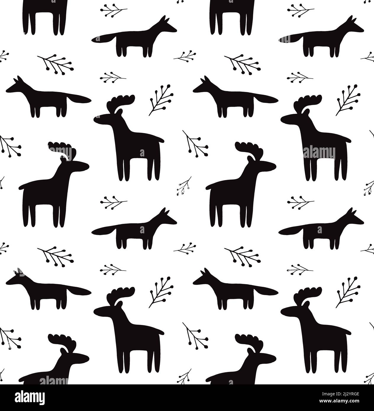Vector seamless pattern of black hand drawn doodle deer and fox ...