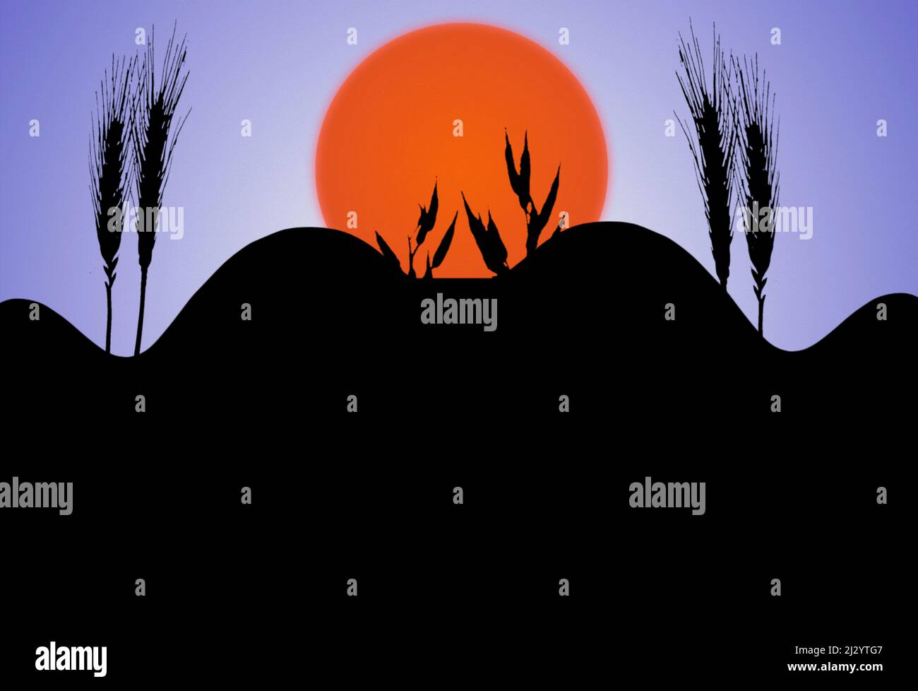 A 3D illustration sunset in the mountains with silhouette trees Stock ...