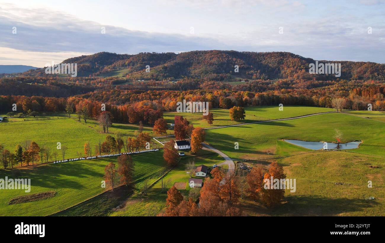 A beautiful view of an autumn landscape with hills and trees in West ...