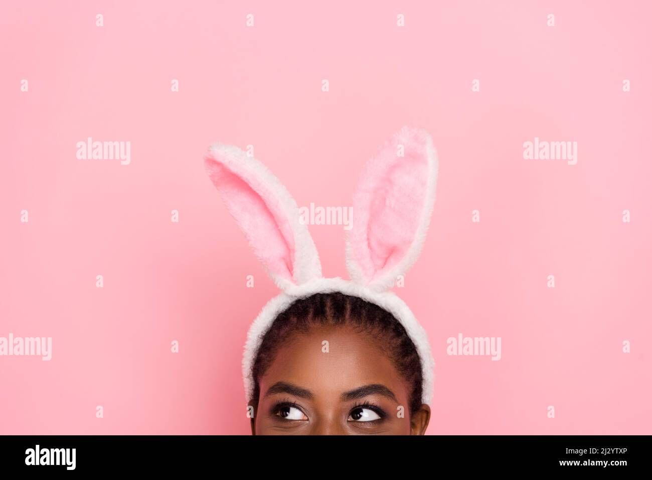 Portrait of dreamy person half face look interested empty space ...