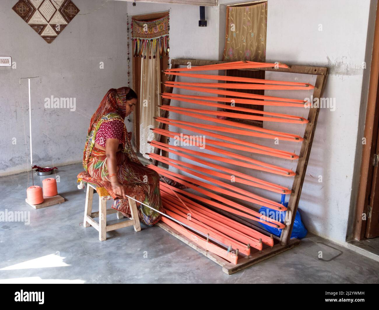 India, Gujarat, Kutch, Handloom Design Center in Bhujodi. Preparing ...