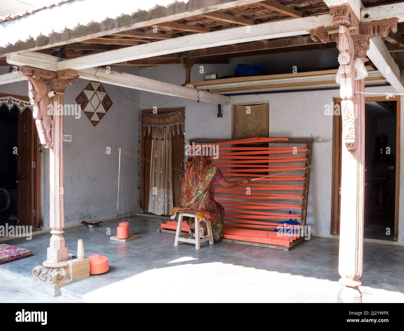 India, Gujarat, Kutch, Handloom Design Center in Bhujodi. Preparing ...