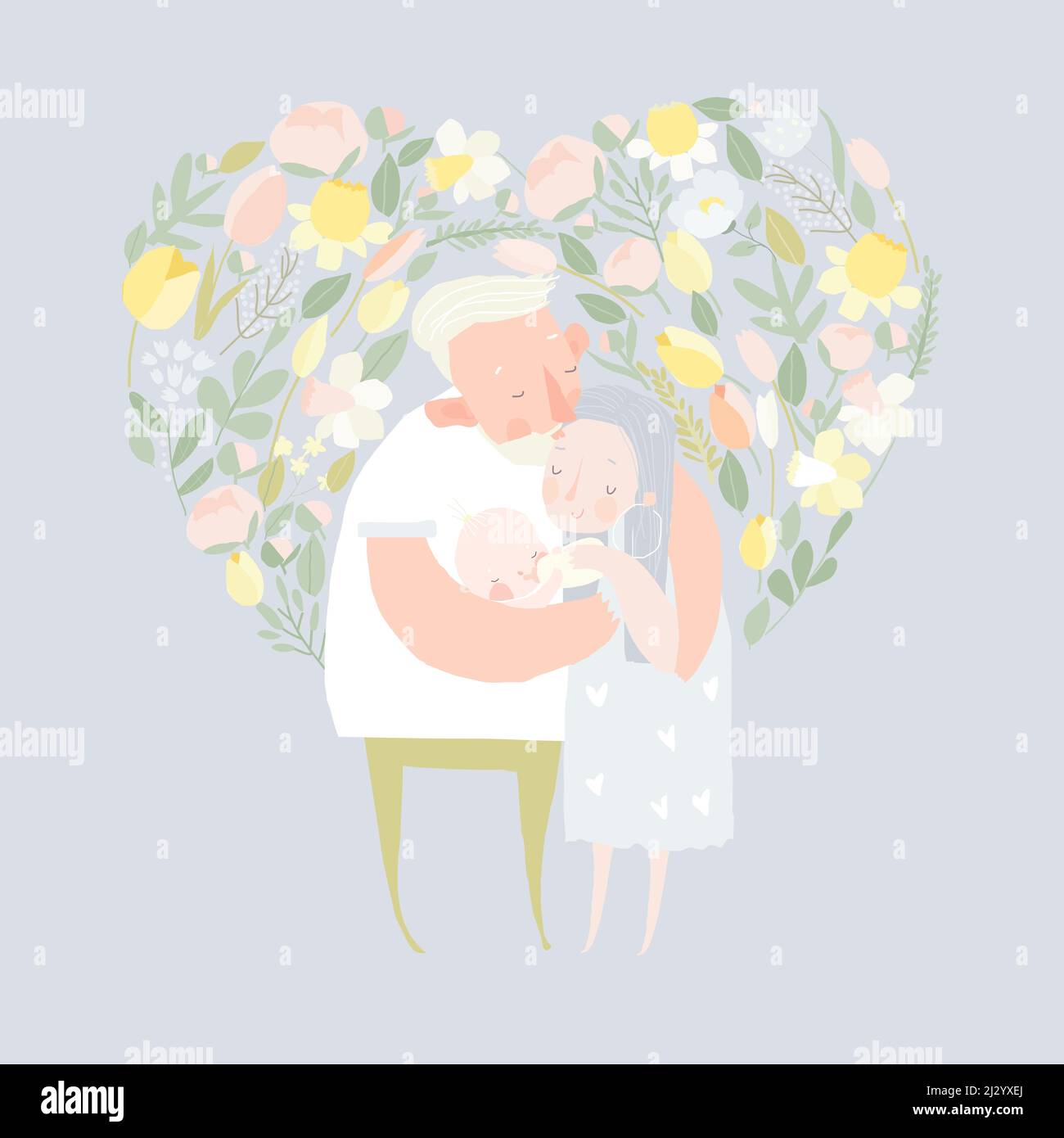 Cartoon Father hugging Little Daughter and Wife in Flowers Stock Vector ...