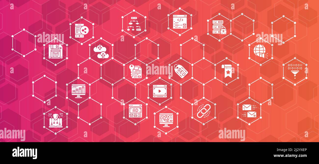 SEO website vector banner design. Bookmark, Hosting, Hyperlink ...