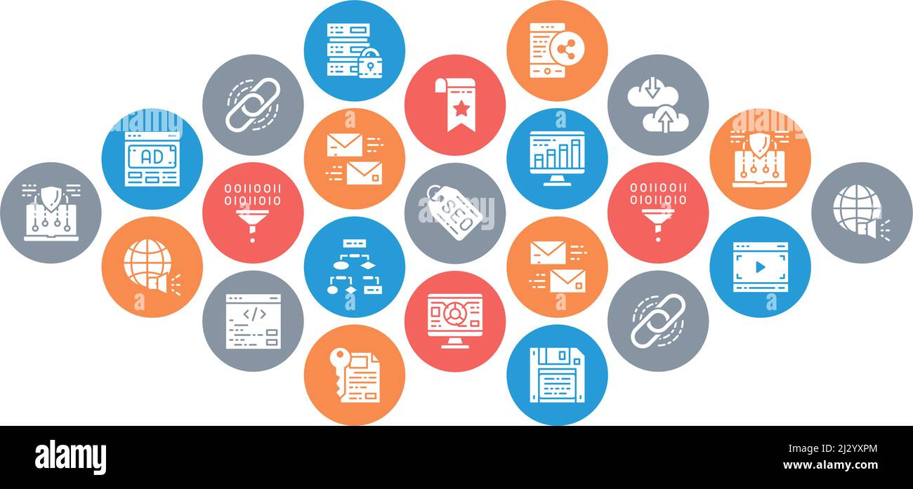 SEO concept vector design. Bookmark, Hosting, Hyperlink, Advertisement ...