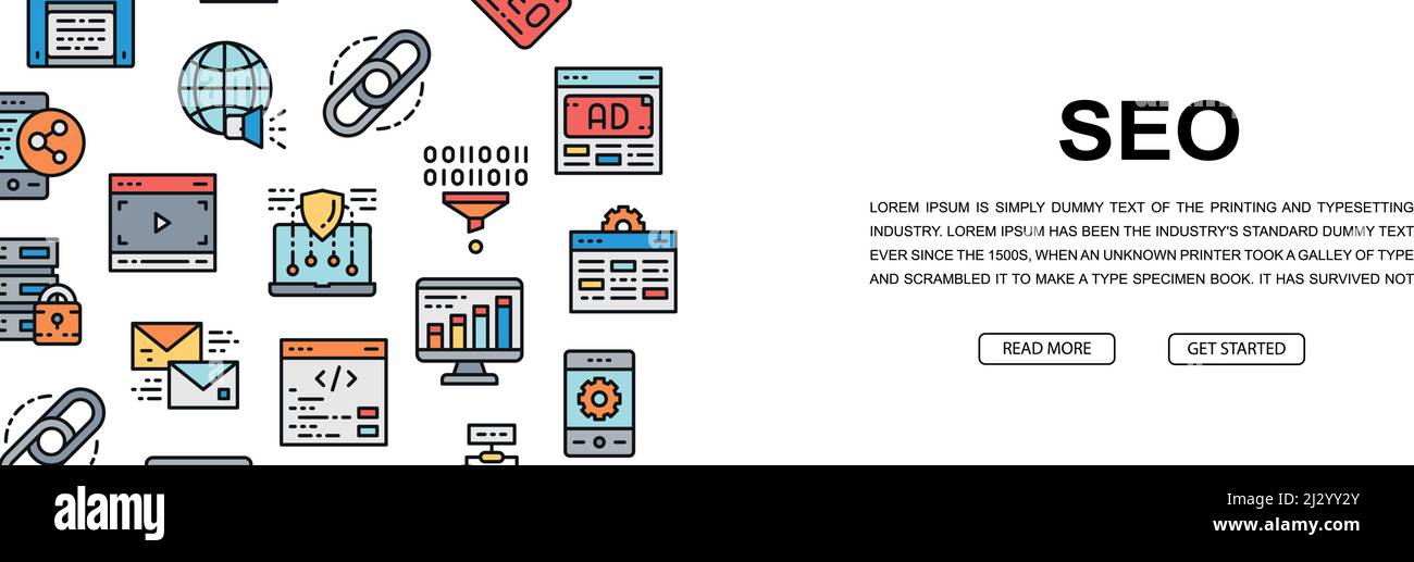 SEO horizontal icon banner design. Bookmark, Hosting, Hyperlink ...