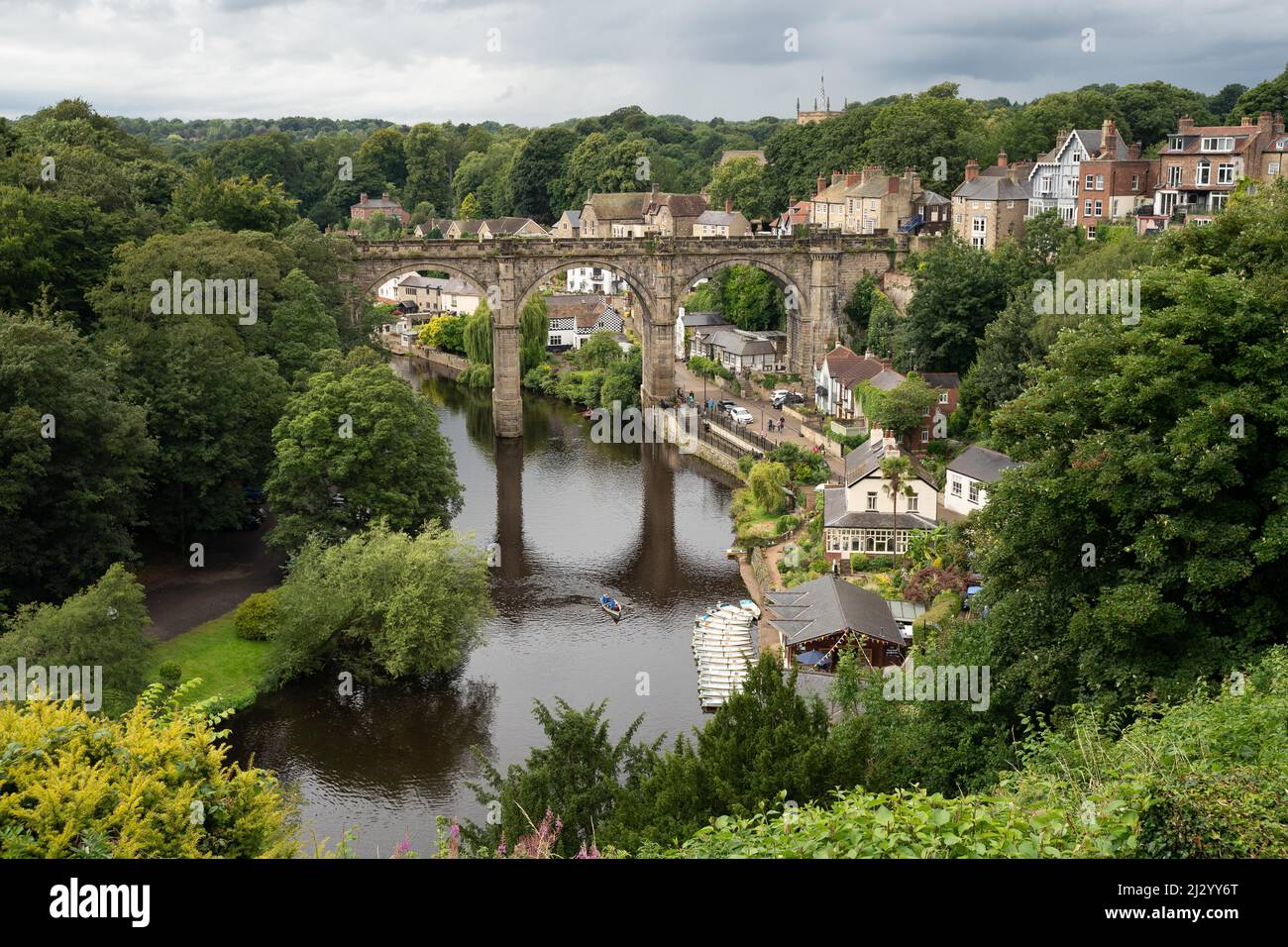 Historic Knaresborough Viaduct and a river Nidd seen from a ruins of ...