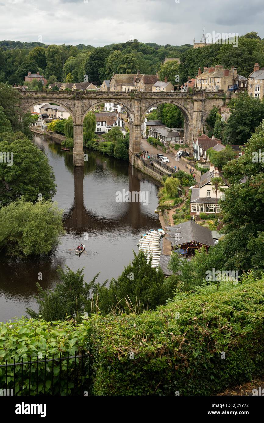 Historic Knaresborough Viaduct and a river Nidd seen from a ruins of ...
