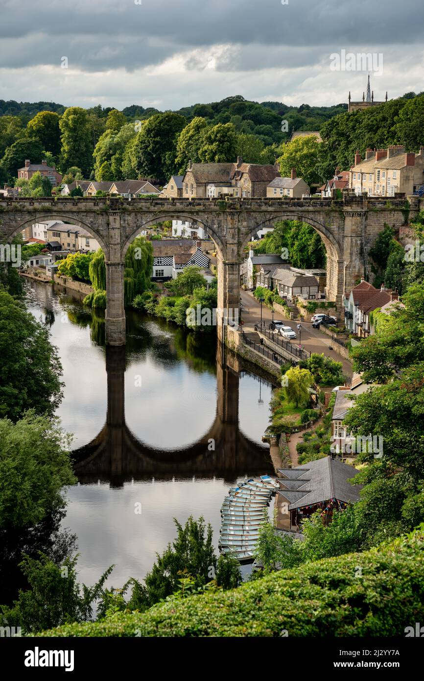 Historic Knaresborough Viaduct and a river Nidd seen from a ruins of ...