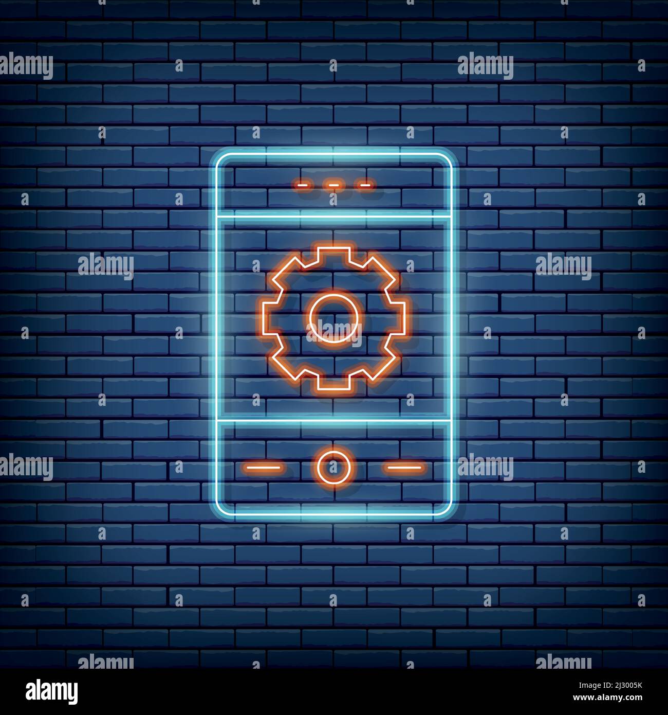 Vector phone with gear, smartphone repair, mobile development neon sign ...