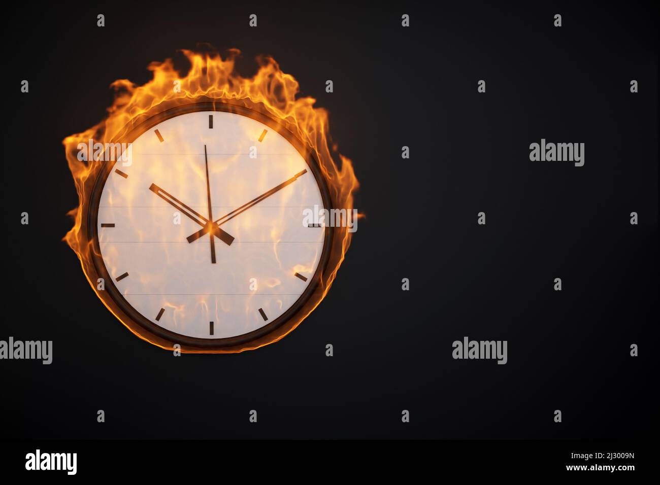 burning clock on a black wall with copy space. 3d rendering Stock Photo ...