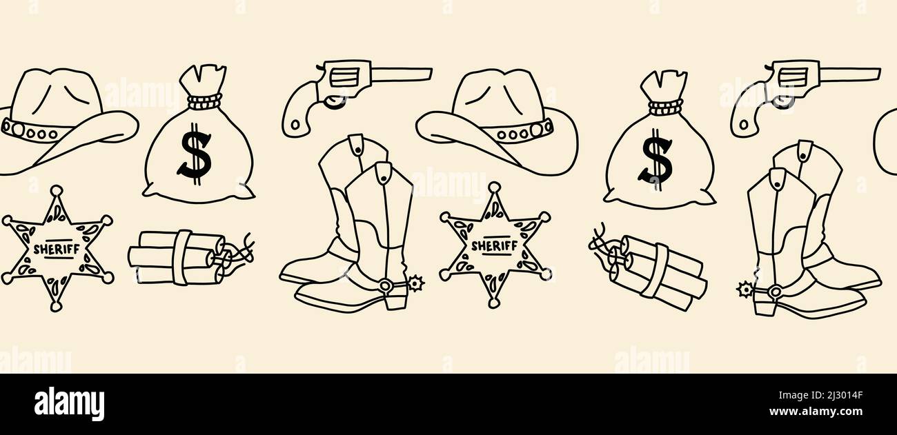 Cowboy Sheriff Wild West seamless vector border. Cowboy boots hat ...
