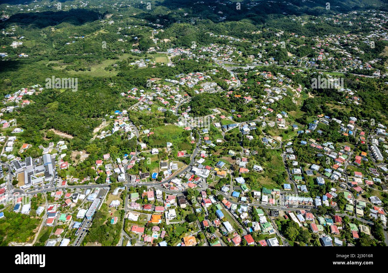 Aerial view of small town on the south coast near Le Gosier, Grande ...