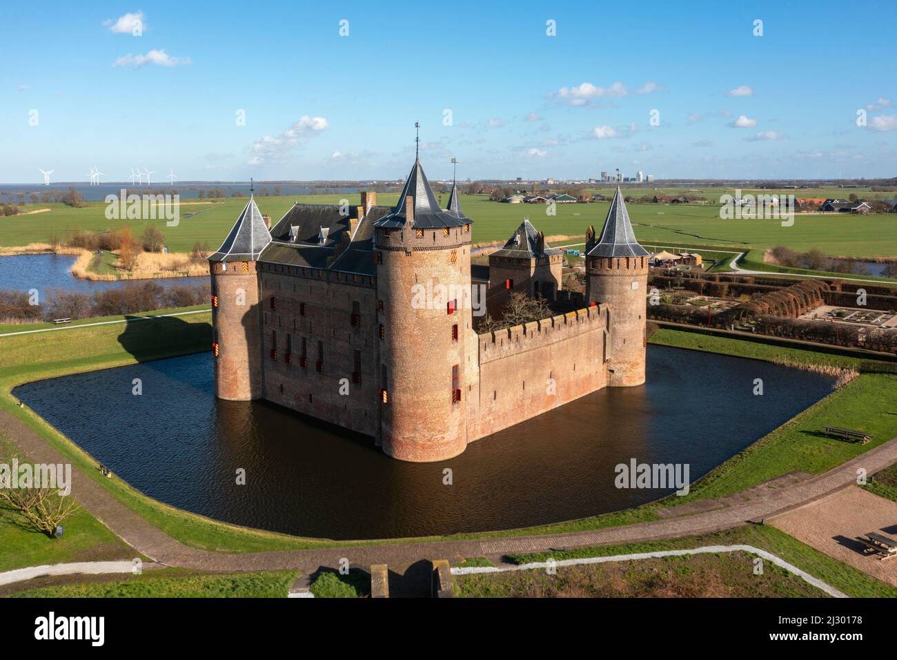Aerial view of Muiden Castle, a.k.a. Muiderslot, at the mouth of River ...