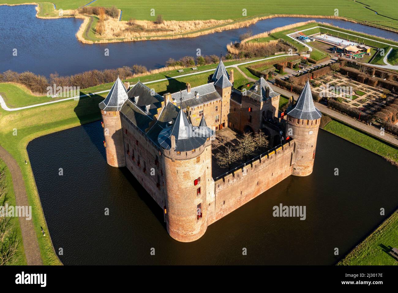 Aerial view of Muiden Castle, a.k.a. Muiderslot, at the mouth of River ...