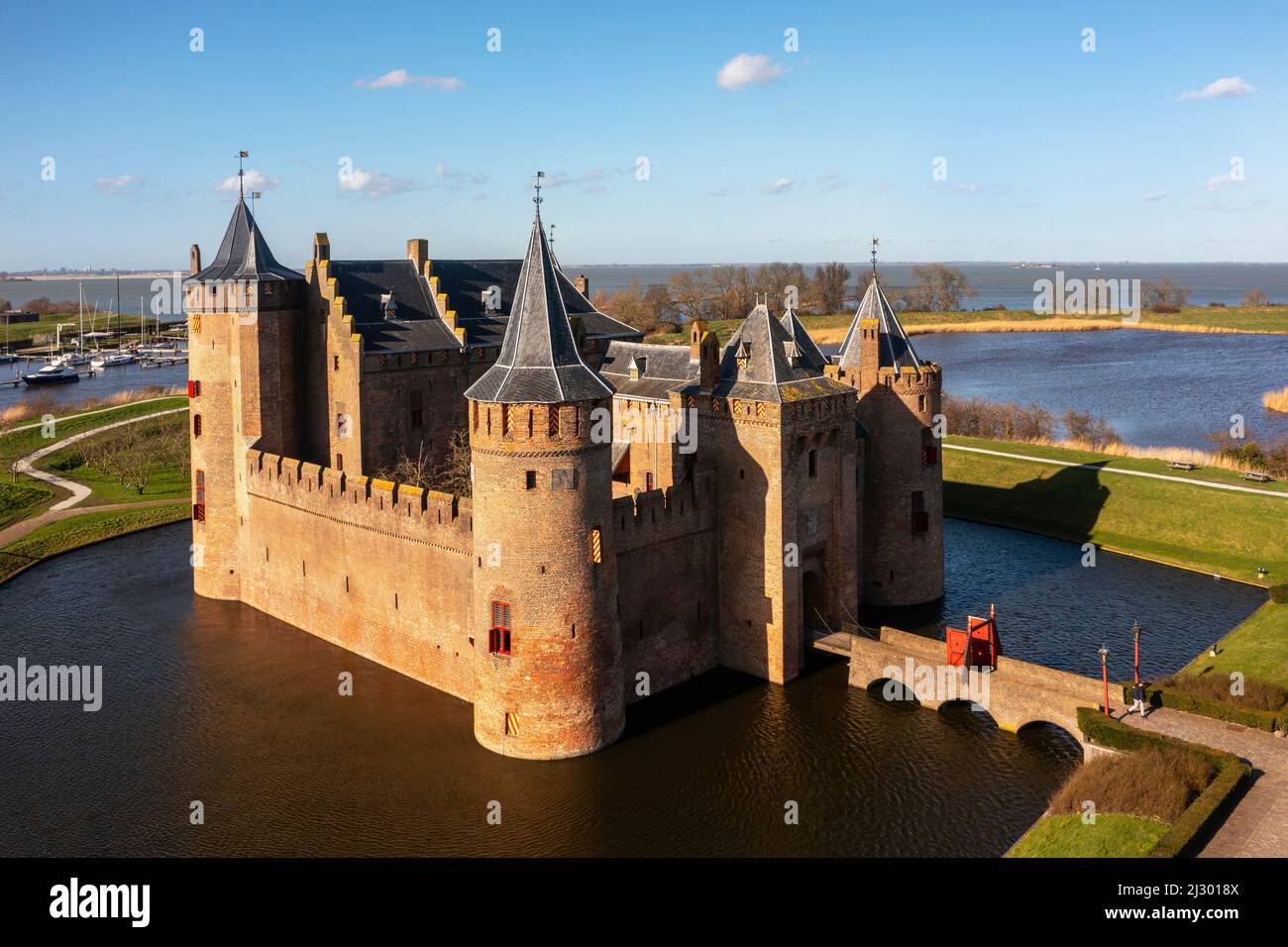 Aerial view of Muiden Castle, a.k.a. Muiderslot, at the mouth of River ...