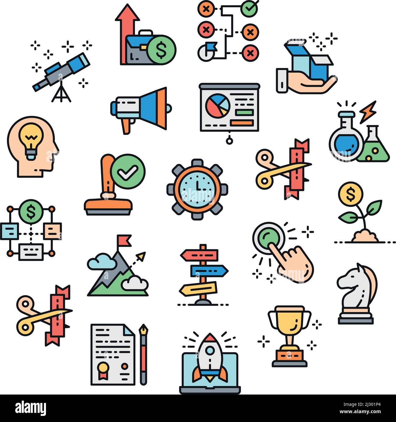 Start up icons set. Time management, idea generation, presentation ...