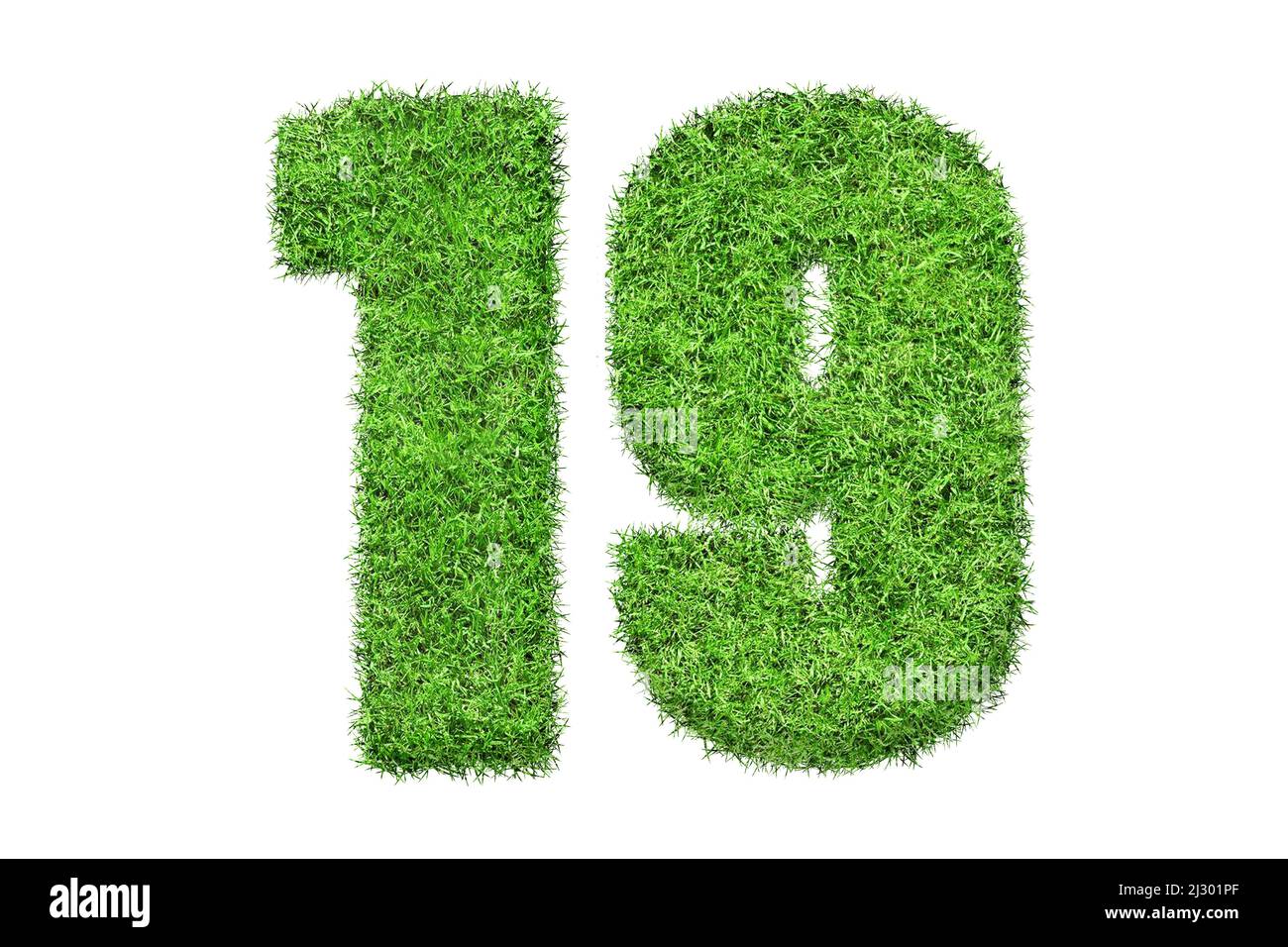 19 number in green grass filled the character . Isolated from a white ...