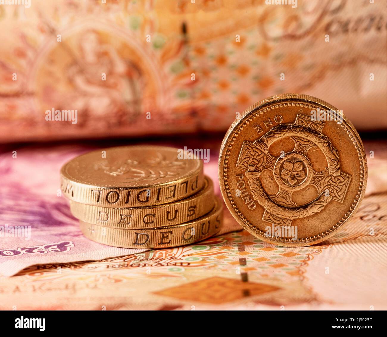 Close-up still life of United Kingdom (UK) money featuring the UK pound ...