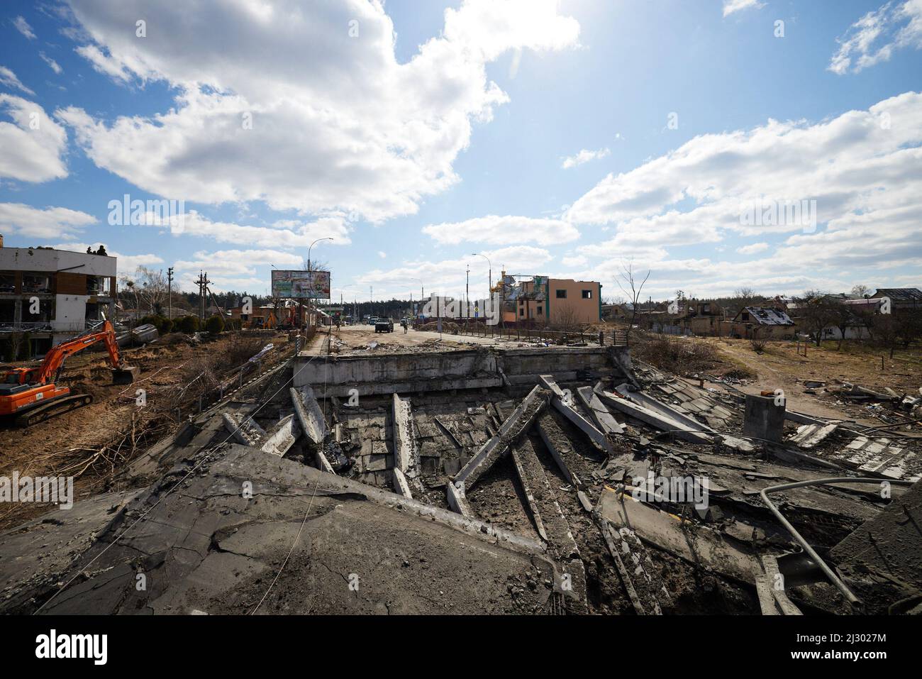 Bucha, Kyiv Region, Ukraine. 4th Apr, 2022. Destroyed roads and debris ...