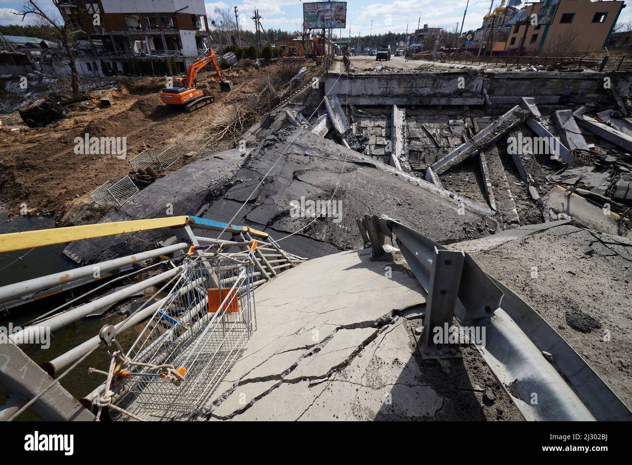 Bucha, Kyiv Region, Ukraine. 4th Apr, 2022. Destroyed roads and debris ...