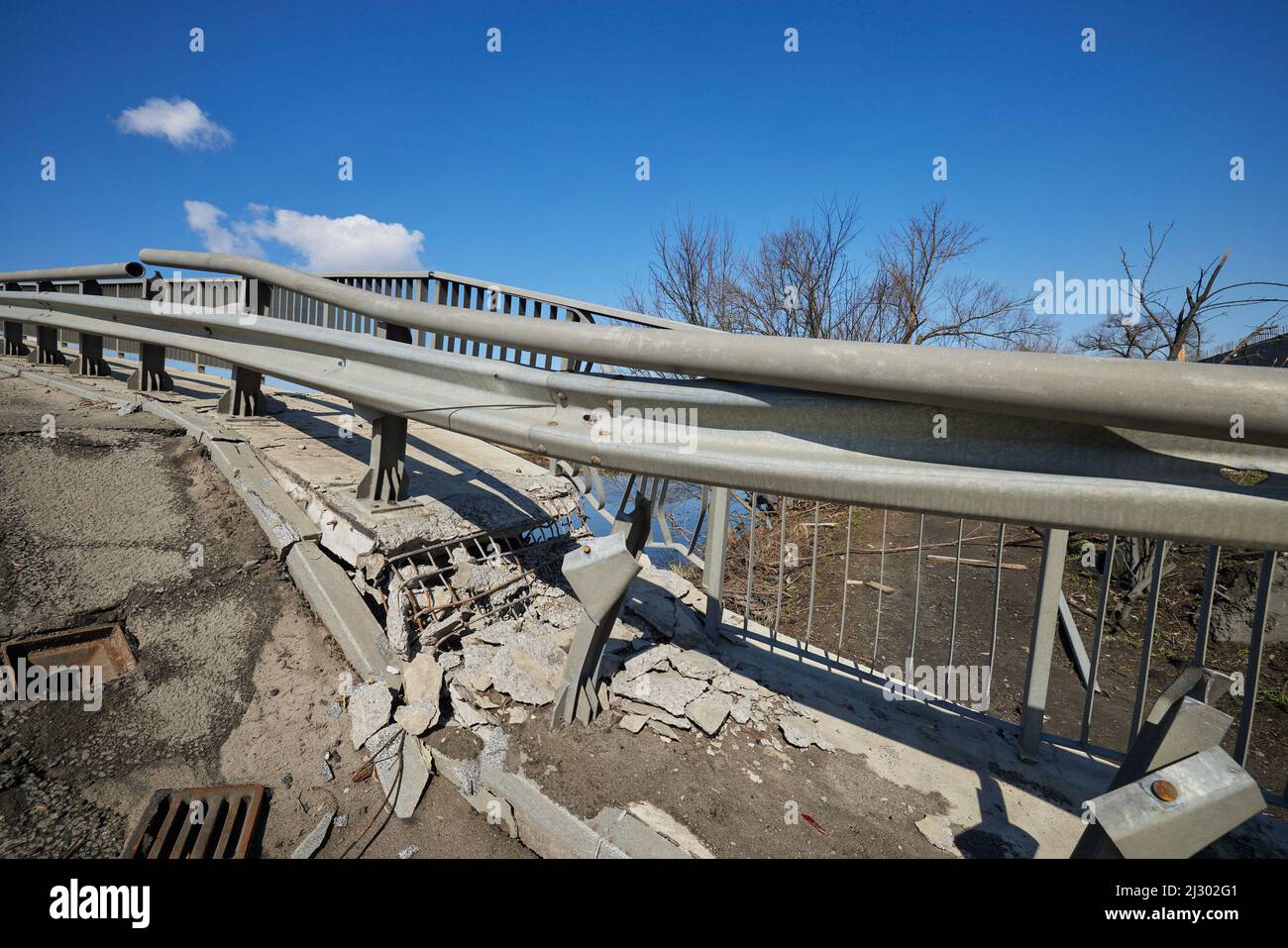 Bucha, Kyiv Region, Ukraine. 4th Apr, 2022. Destroyed roads and debris ...