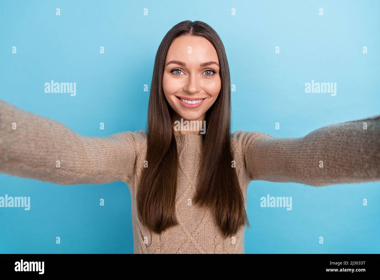 Self-portrait of attractive cute cheerful girl good mood influencer ...
