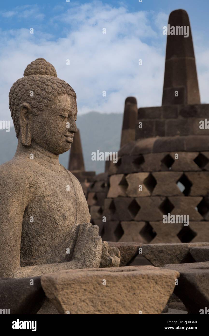 Borobudur, Java, Indonesia. Statue of the Buddha near the Top of the ...