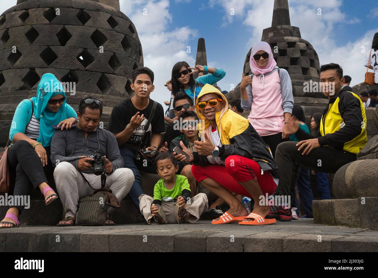 Borobudur, Java, Indonesia. Indonesian Visitors to the Temple Posing ...
