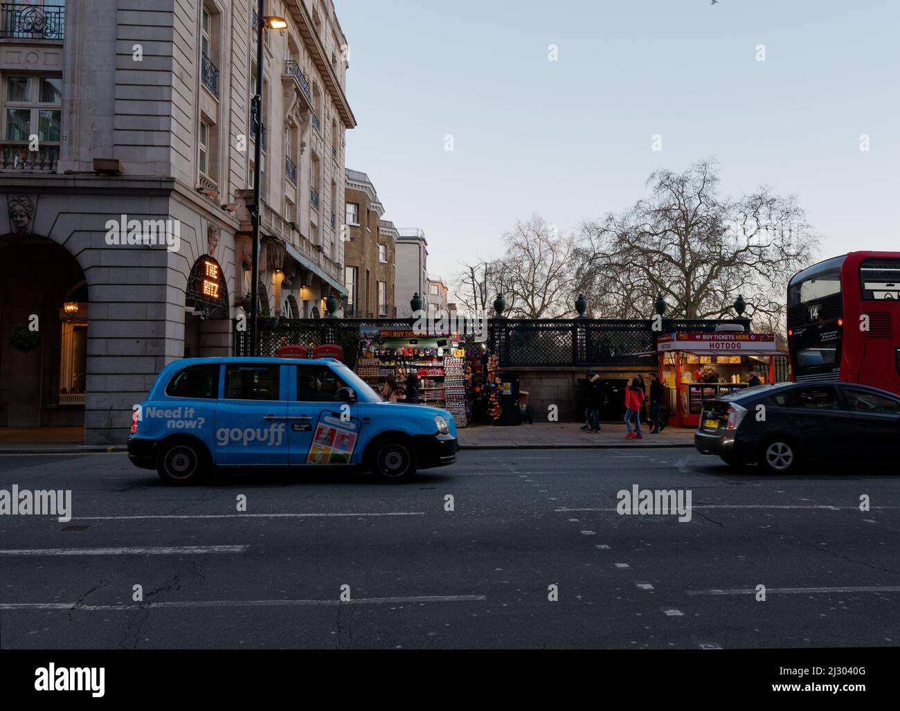 London, Greater London, England, March 19 2022: Blue taxi on Piccadilly ...