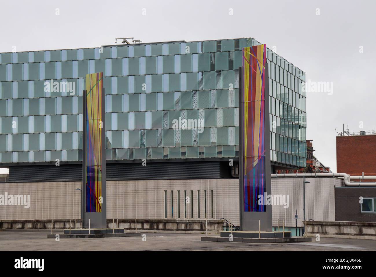 Stained coloured glass panels outside of The Metropolitan Cathedral ...