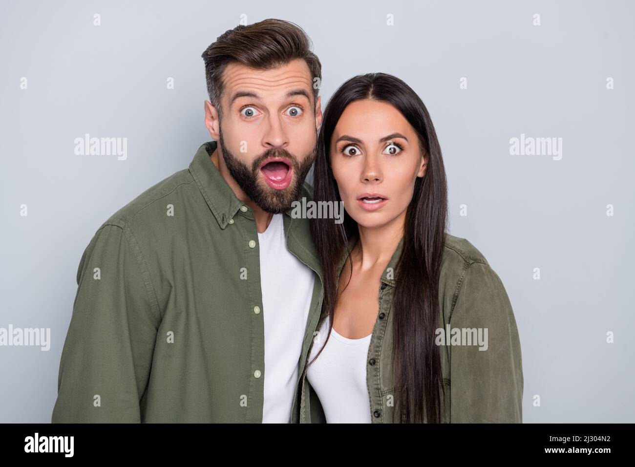 Photo of young couple astonished fake gossip stupor face reaction ...
