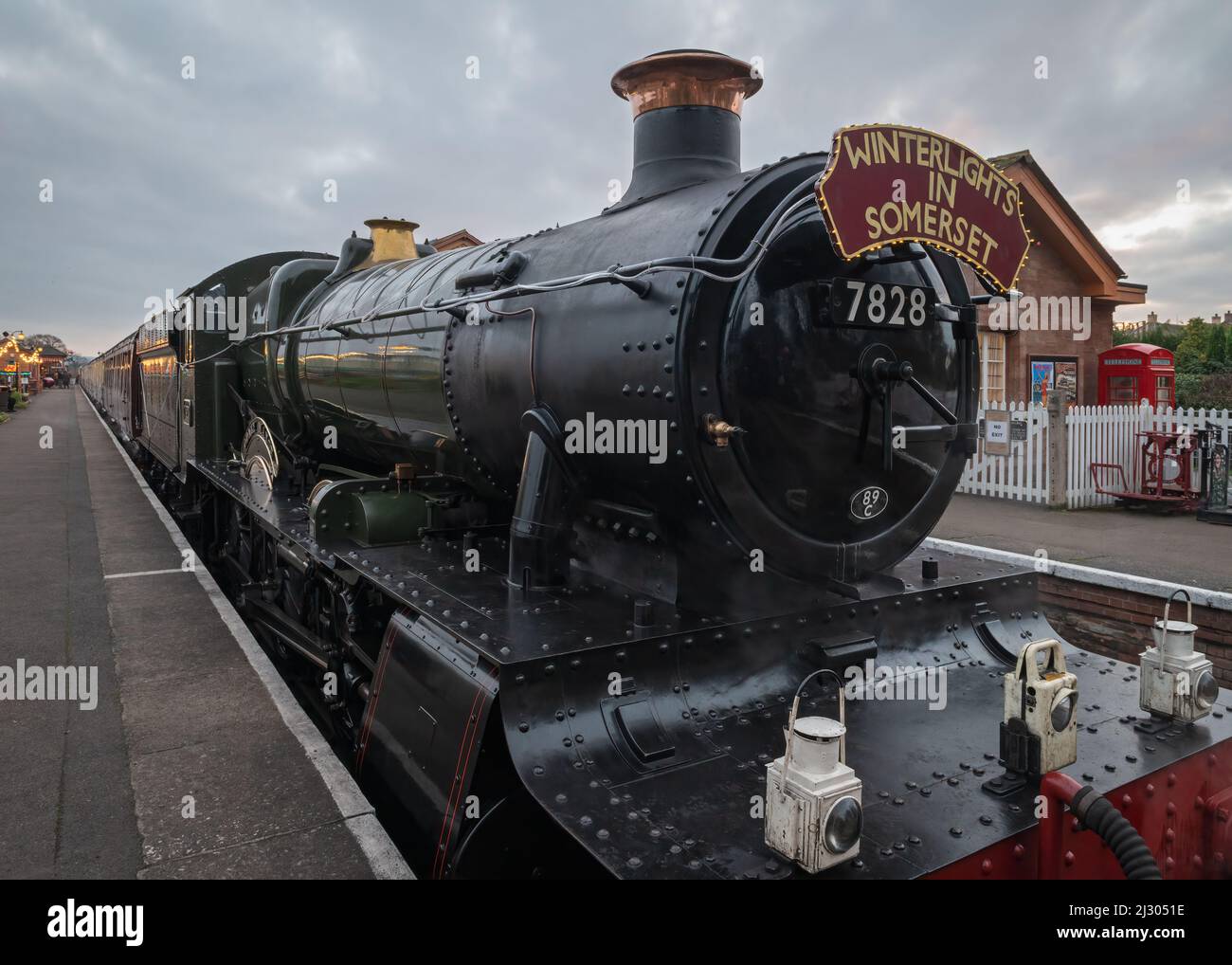 Locomotive 7828 Odney Manor pulling the illuminated 'Winter Lights' Christmas special passenger ...