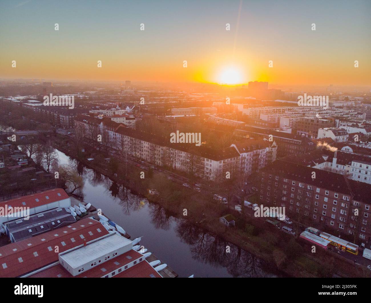 Drone aerial view of Hamburg during sunrise. The skyline of Hamburg ...